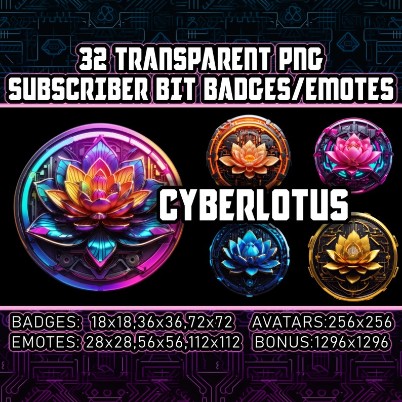 Cyberpunk Lotus Flower Twitch Sub Badges and Bit Badges for Streamers ...