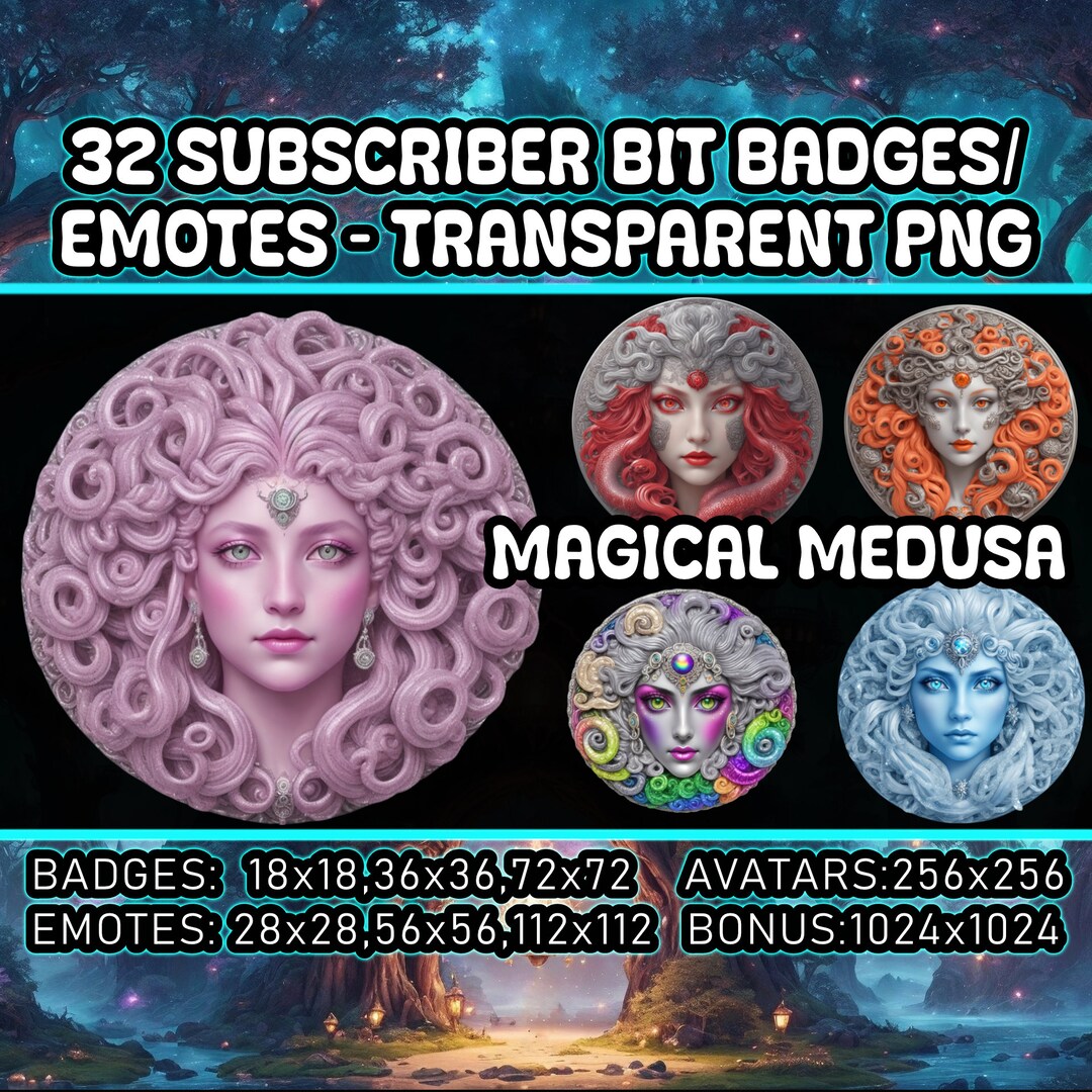 Mystical Medusa Emotes 32 Transparent PNG Twitch Sub Bit Badges for ...