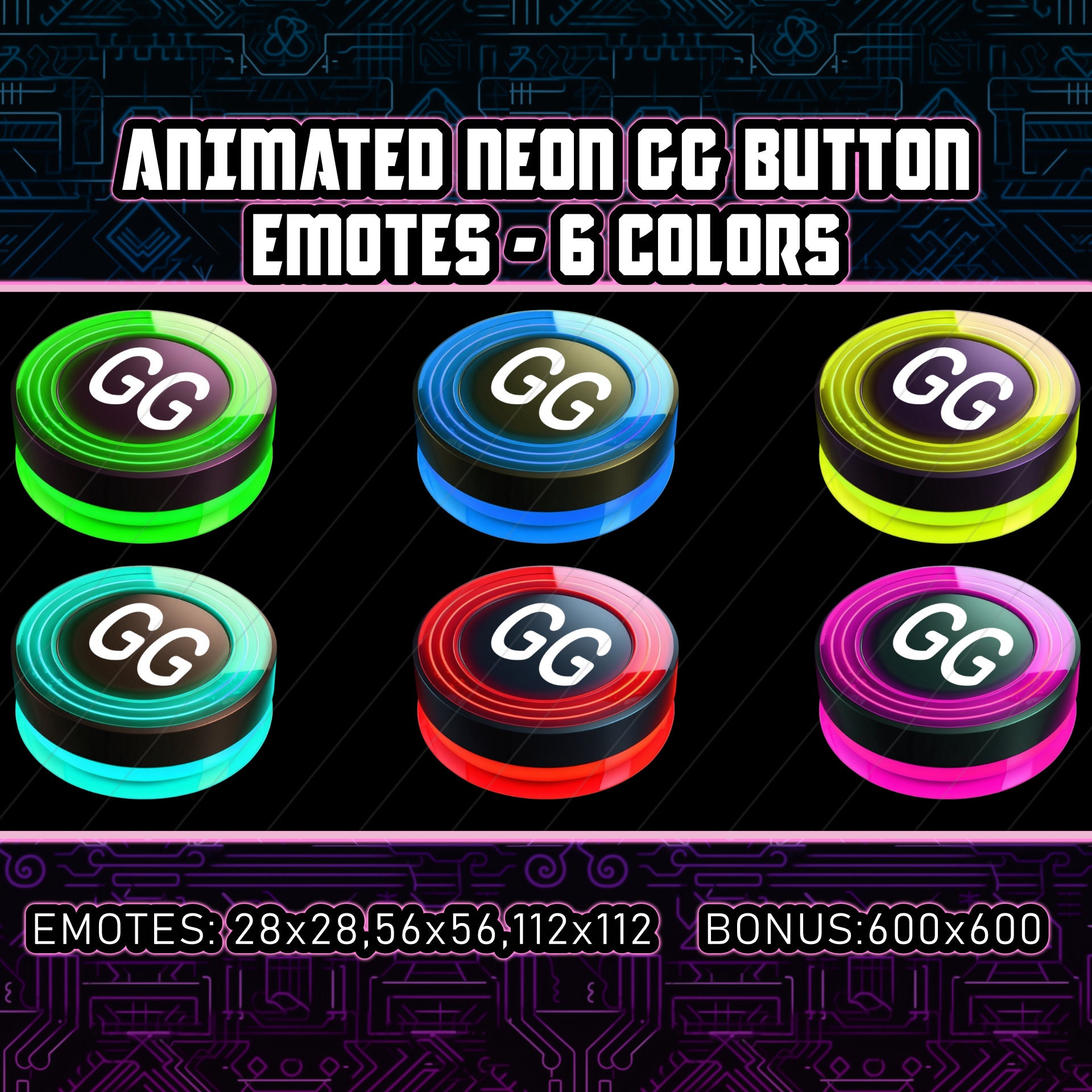 Animated Neon GG Button Twitch Emotes for Streamers,6 Colors, 28x28 ...