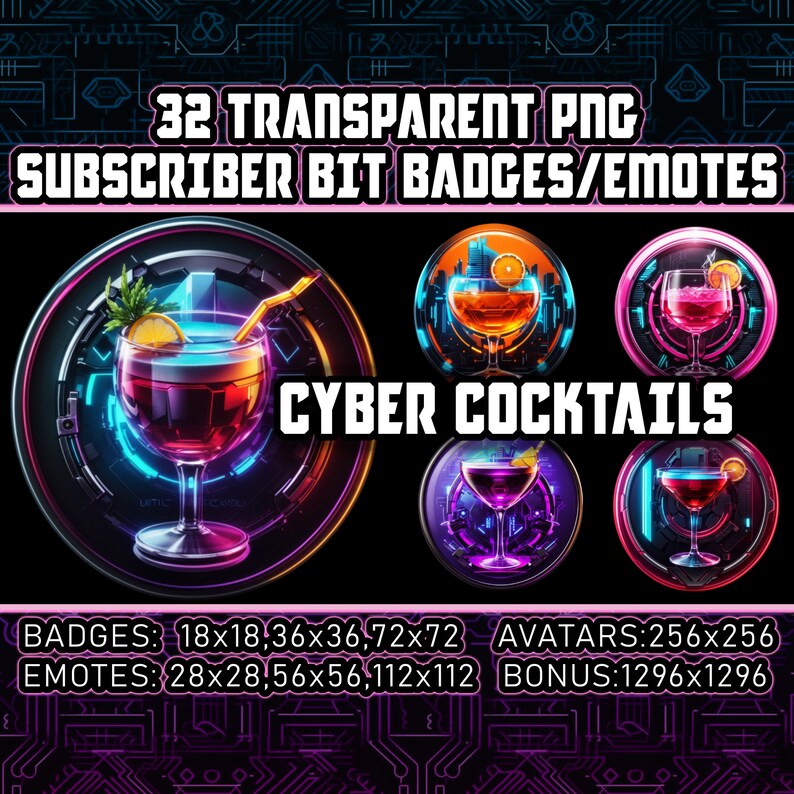 Cyberpunk Cocktail Twitch Sub Bit Badges for Streamers,vtubers,32 ...