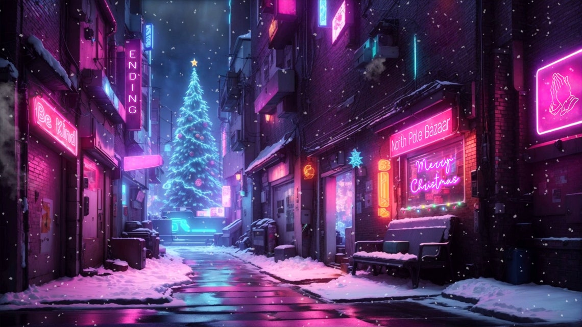 Animated Christmas Cyberpunk Alley Virtual Background Vtuber Twitch ...