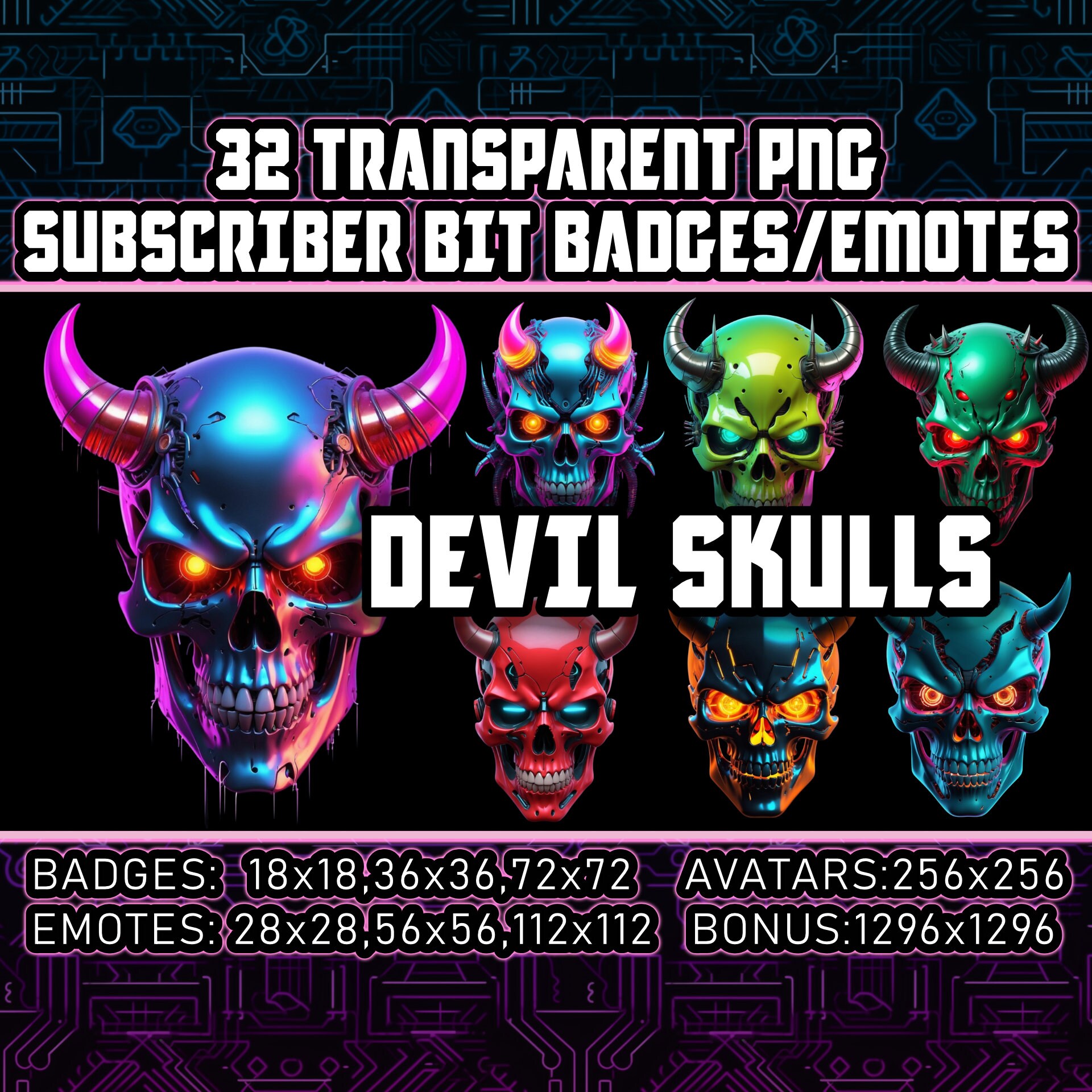 Cyberpunk Devil Skulls 32 Transparent PNG Twitch Kick Sub Bit Badges ...