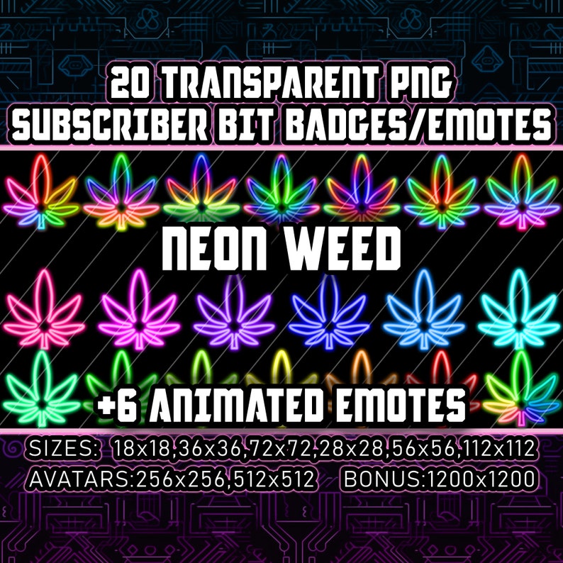 Neon Weed Leafs Twitch/kick Sub Bit Badges for Streamers,vtubers,20 ...