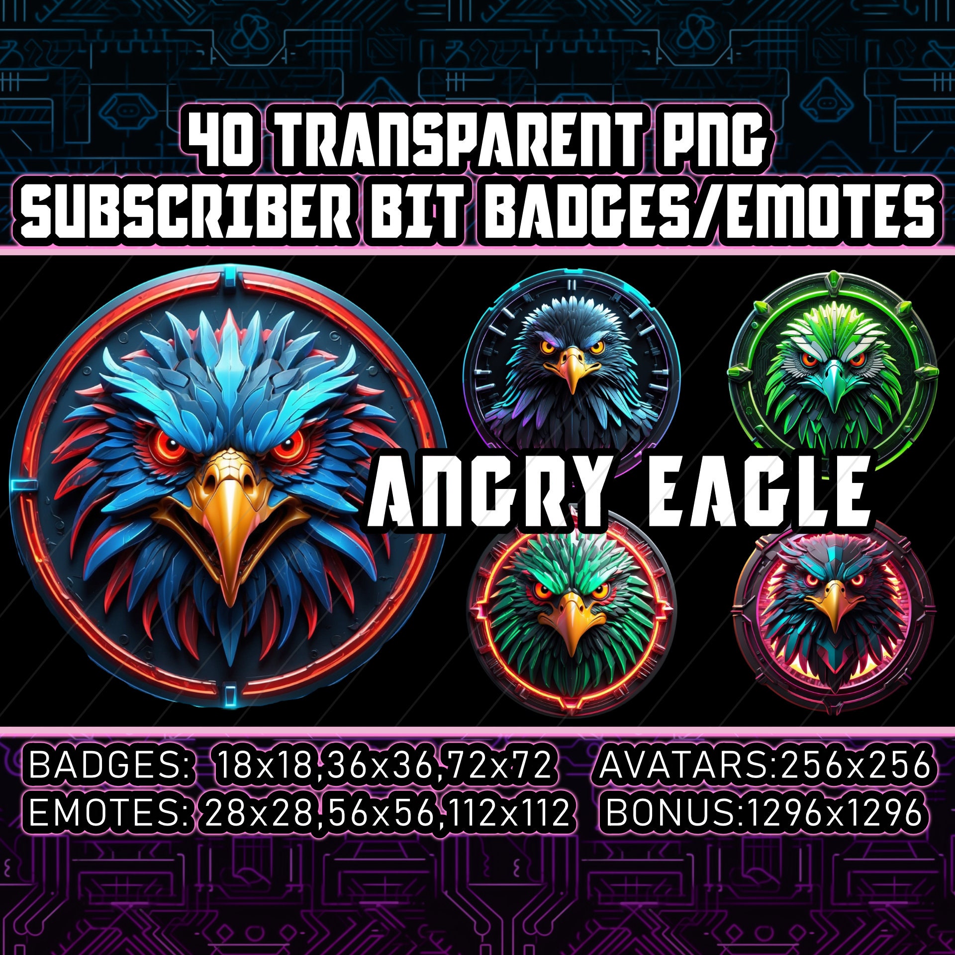 Cyberpunk Angry Eagle Twitch Kick Sub Bit Badges 4 Streamers,vtubers ...