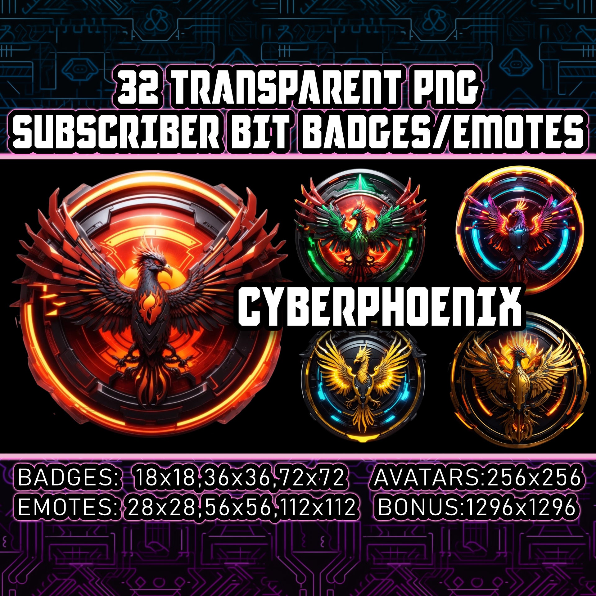 Phoenix Cyberpunk Twitch Sub Bit Badges for Streamers, Vtuber ,32 ...