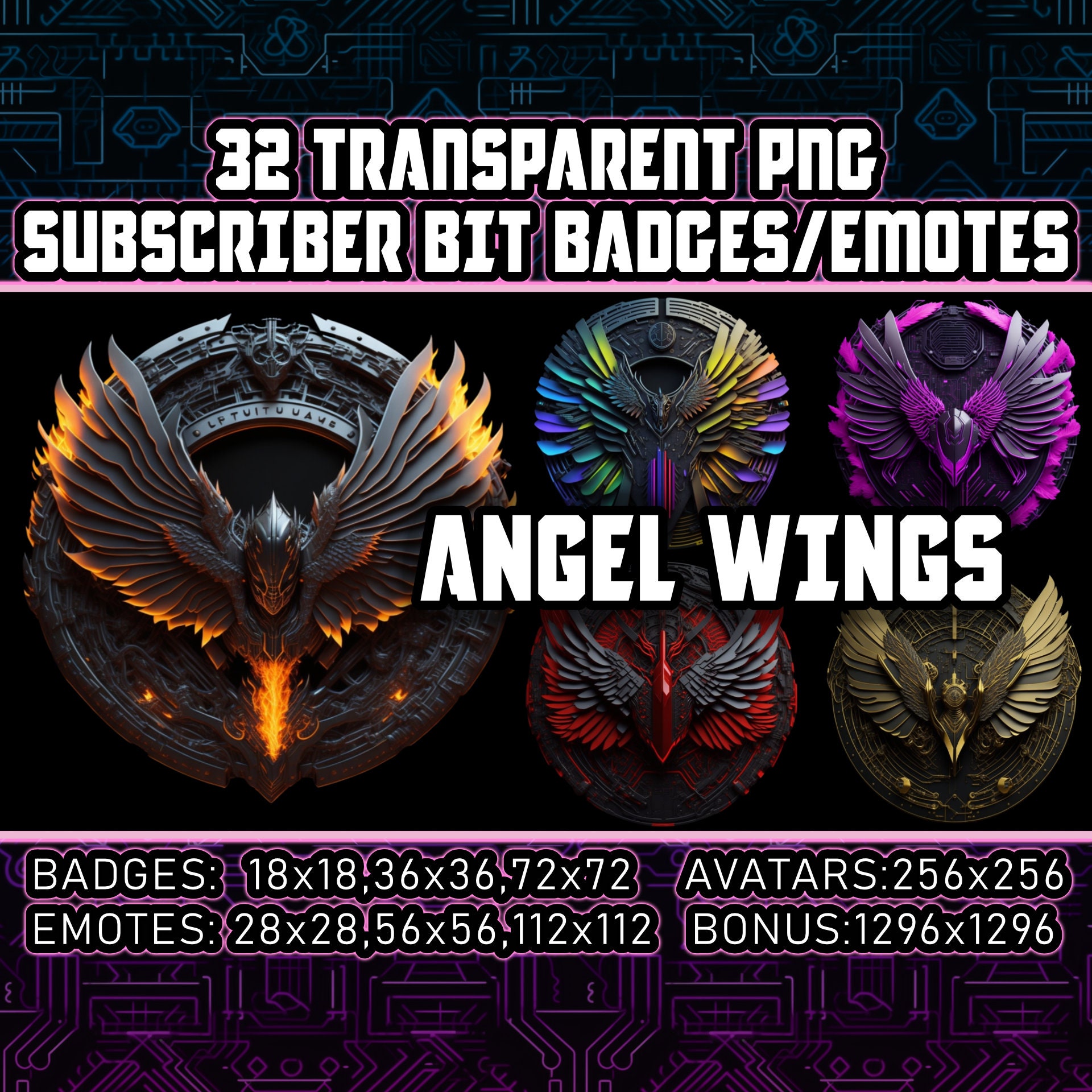32 Cyberpunk Angel Wings Twitch Kick Sub Badges and Bit Badges for ...