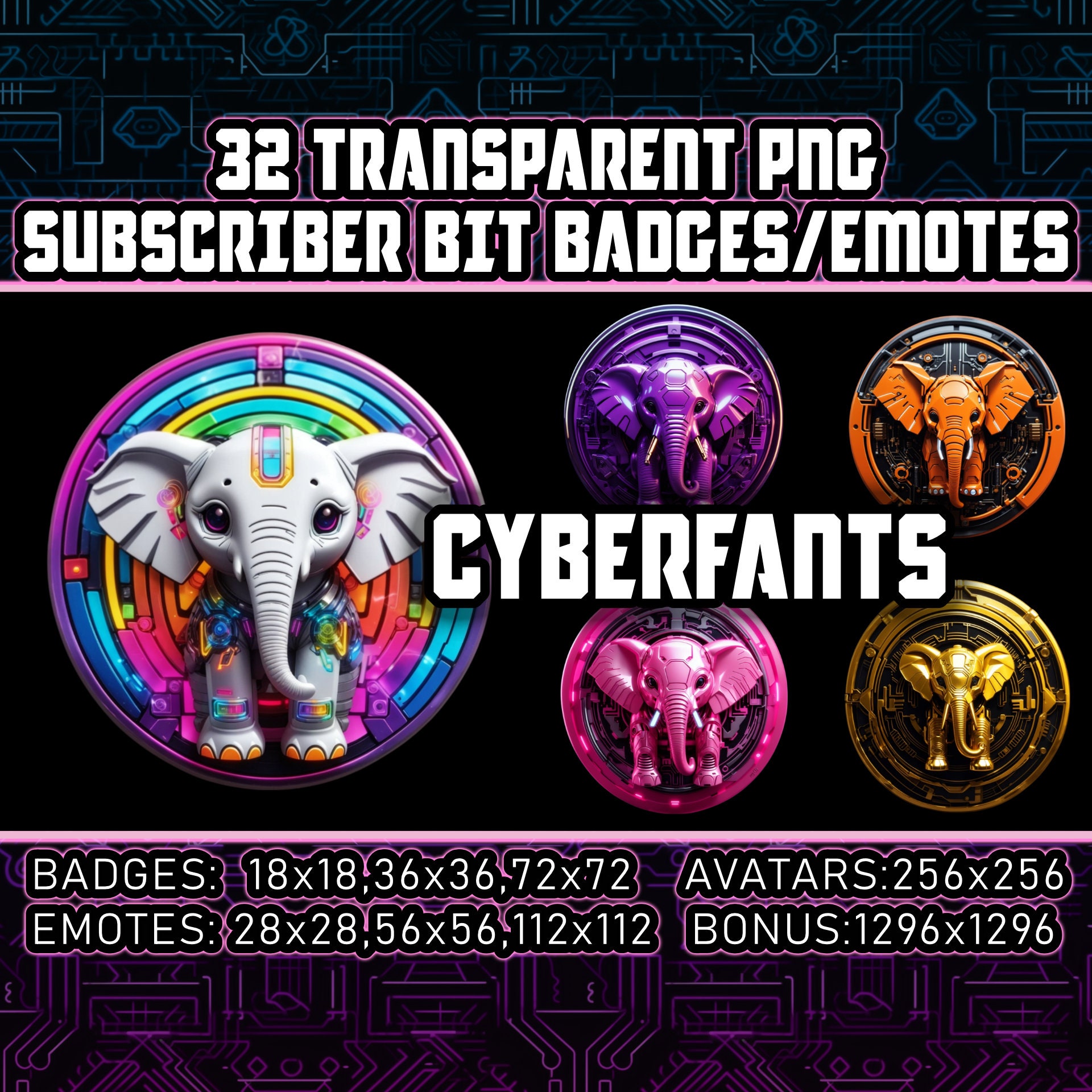 Cyberpunk Elephants Twitch Kick Sub/bit Badges for Streamers,vtubers ...
