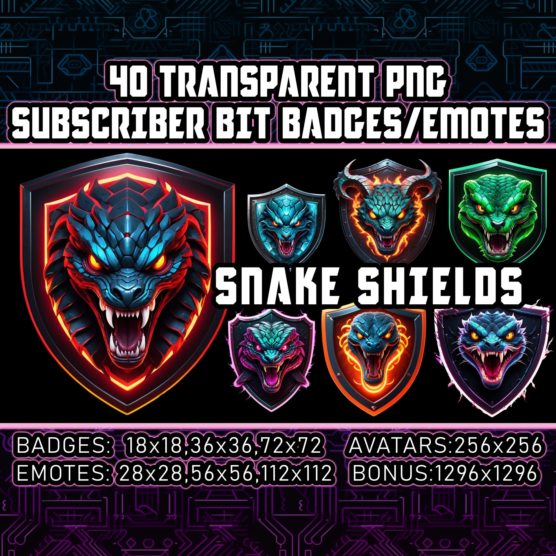 Cyberpunk Snake Shield Twitch Kick Sub Bit Badges for Streamers,vtubers ...