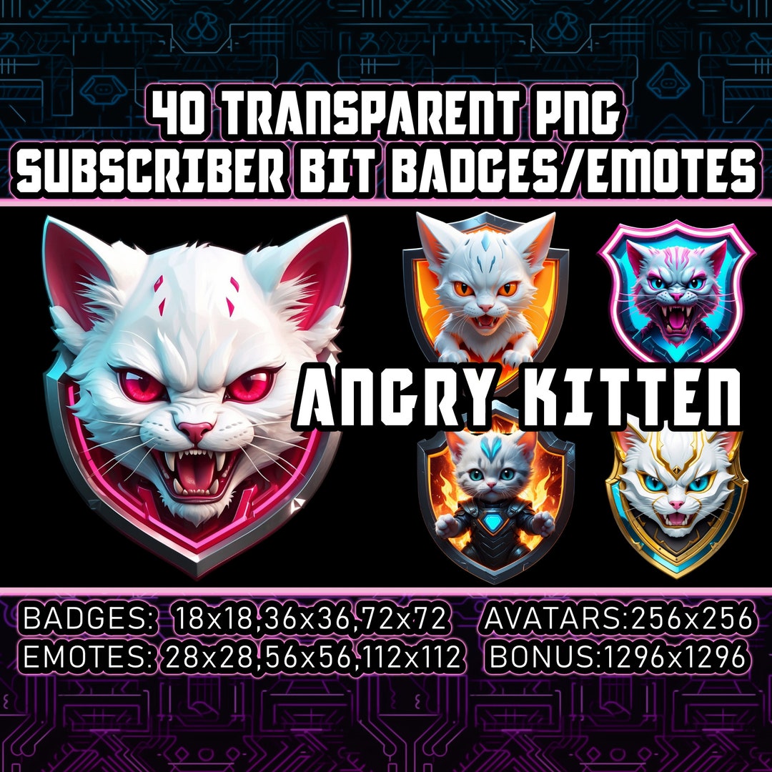 Cyberpunk Angry Kitten Shield Twitch Kick Sub Bit Badges 4 Streamers ...
