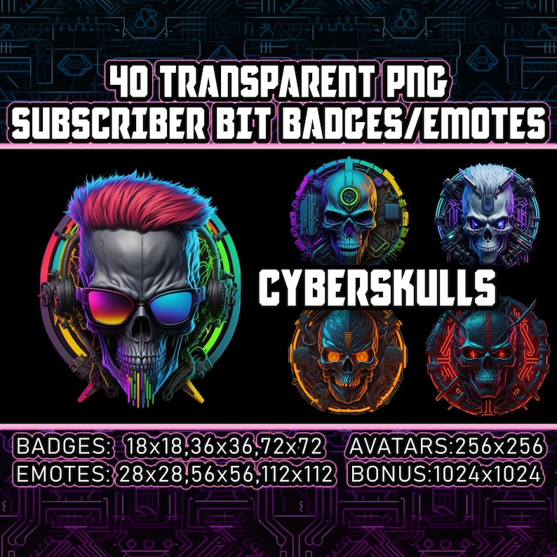 40 Cyberpunk Skulls Twitch Sub Badges Bit Badges for Streamers Vtubers ...