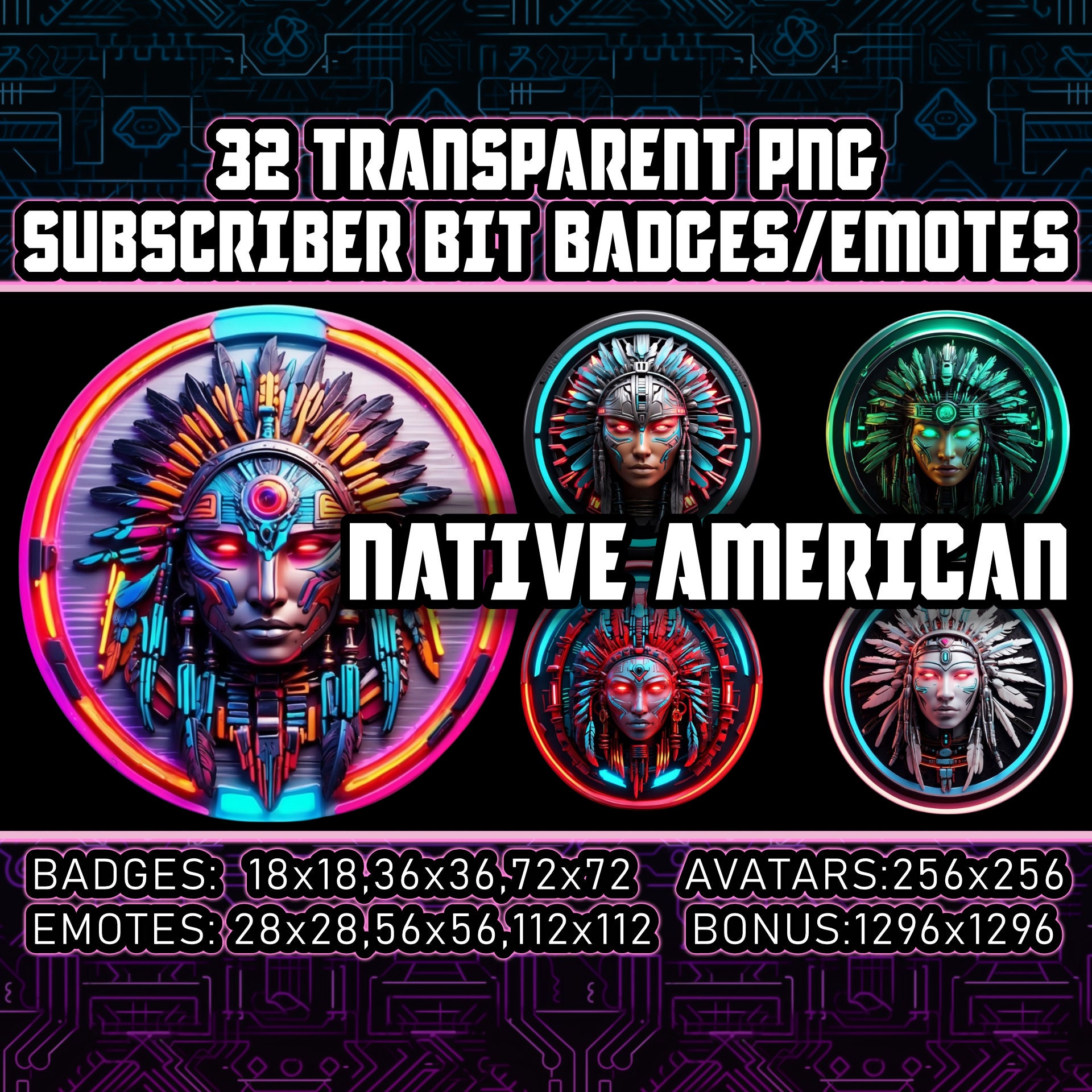 32 Native American Cyberpunk Twitch Sub Bit Badges for Streamers ...