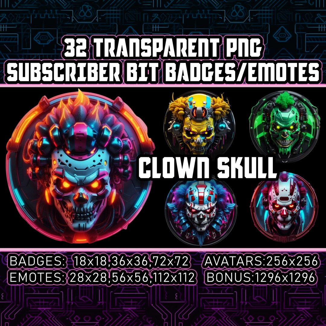 Cyberpunk Clown Skull Twitch Sub Bit Badges for Streamers, Vtuber ...