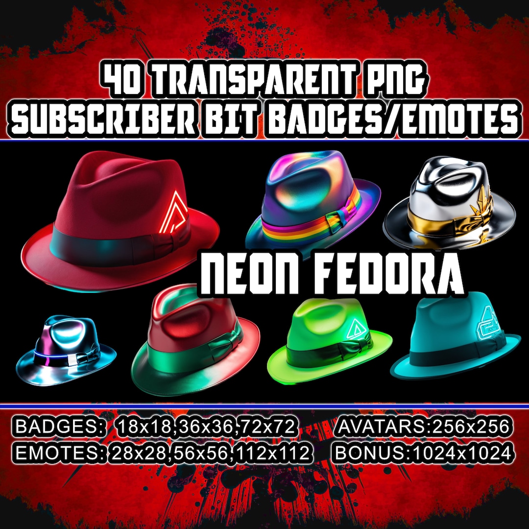 Neon Fedora Twitch Sub Bit Badges for Streamers,vtubers,40 Colorful ...