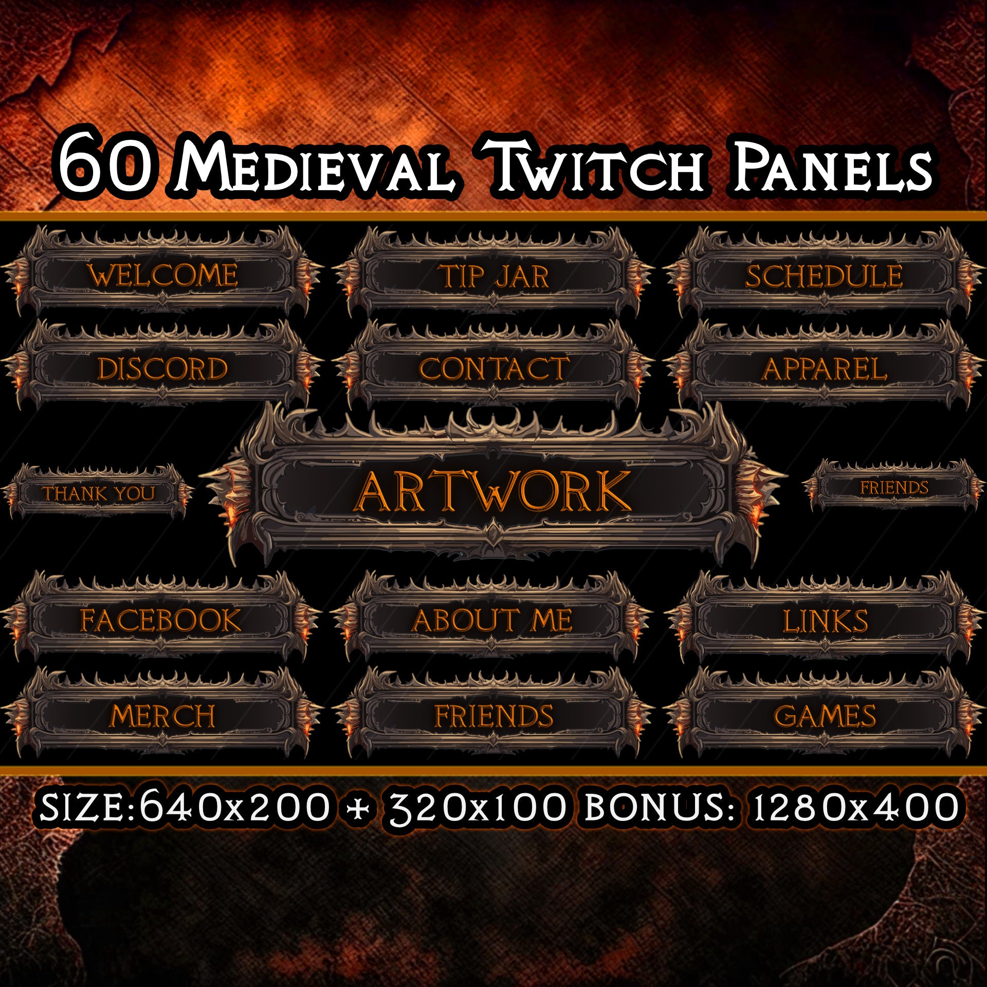60 Medieval Twitch Panels, Transparent PNG, 3 Sizes (320x100,640x200 ...