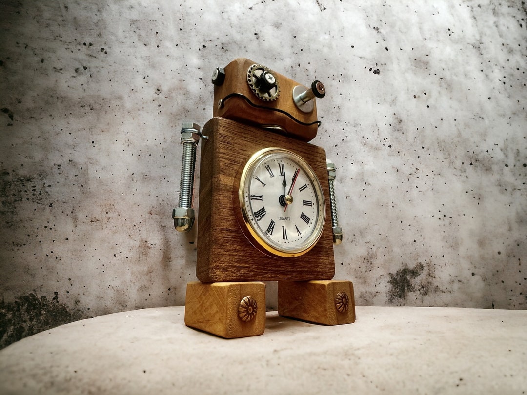 Timothy - Wooden Steampunk Robot Clock - Roman Numerals (scifi Fantasy Strange Unique Industrial ...