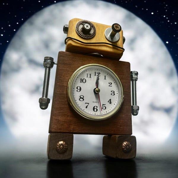 Timothy Wooden Steampunk Robot Clock Arabic Numerals scifi Fantasy ...