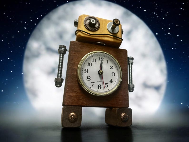 Timothy Wooden Steampunk Robot Clock Arabic Numerals scifi Fantasy ...