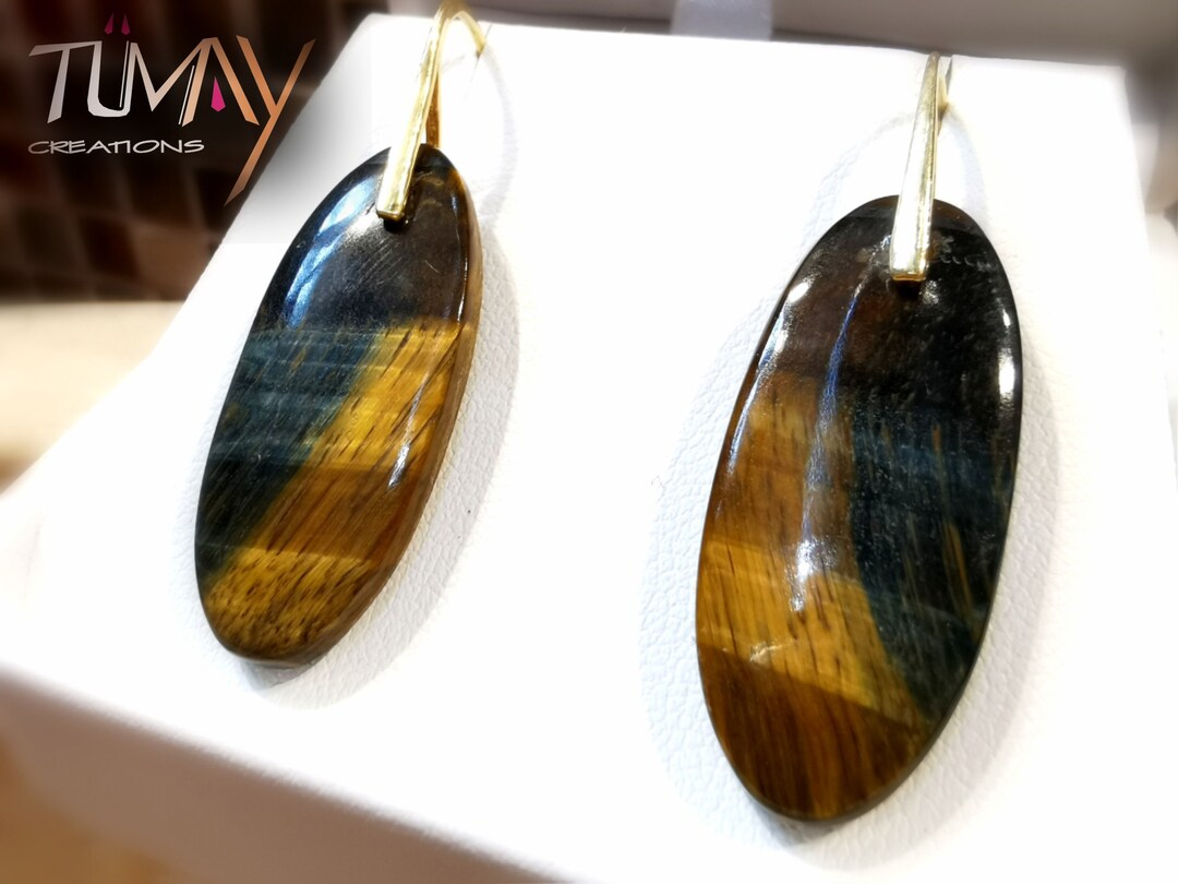 Tiger and Hawk Eye Earrings, Gold and Blue. Natural Stone, Choice of ...
