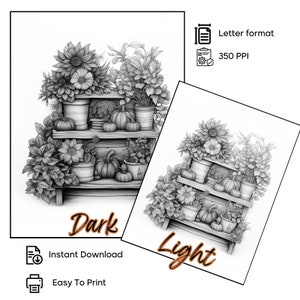 Romantic Plant Shelf Coloring Page for Adults Autumn Flower Coloring ...