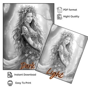 Wood Nymphs Coloring Page for Adults and for Kids Cute Girls Grayscale ...