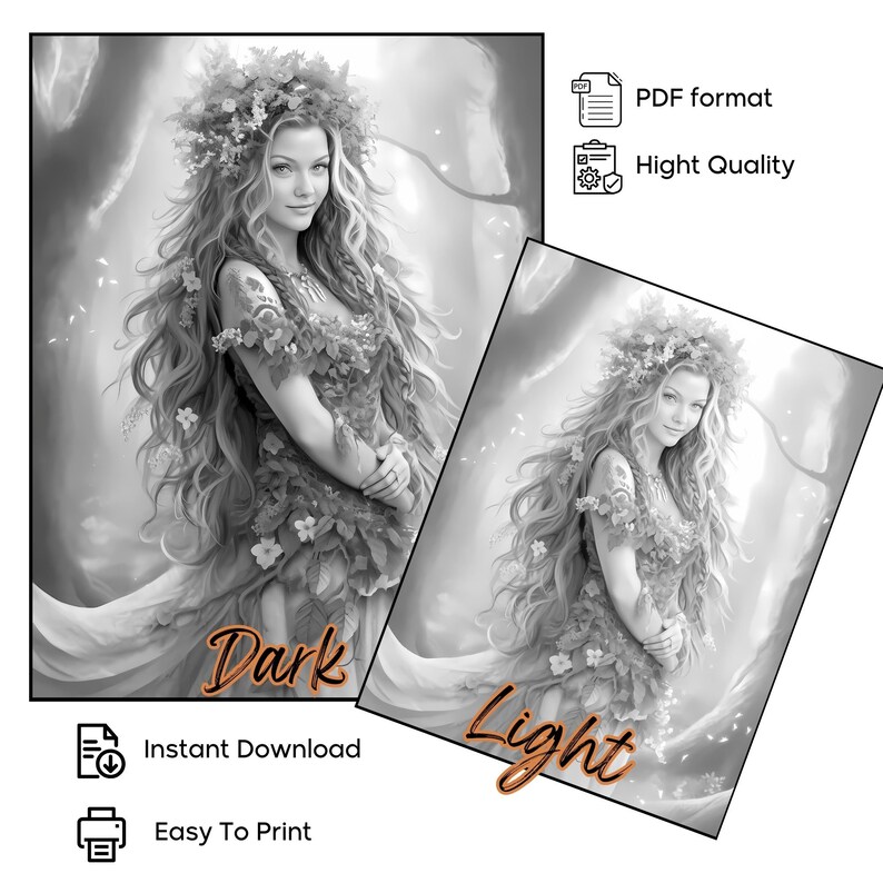 Wood Nymphs Coloring Page for Adults and for Kids Cute Girls Grayscale ...