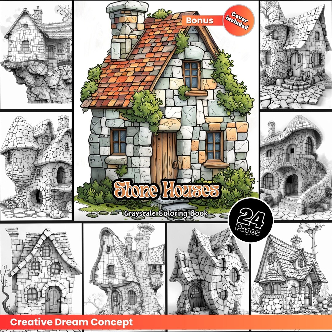 Stone Houses Coloring Page for Adults Fantasy Homes Coloring Book ...