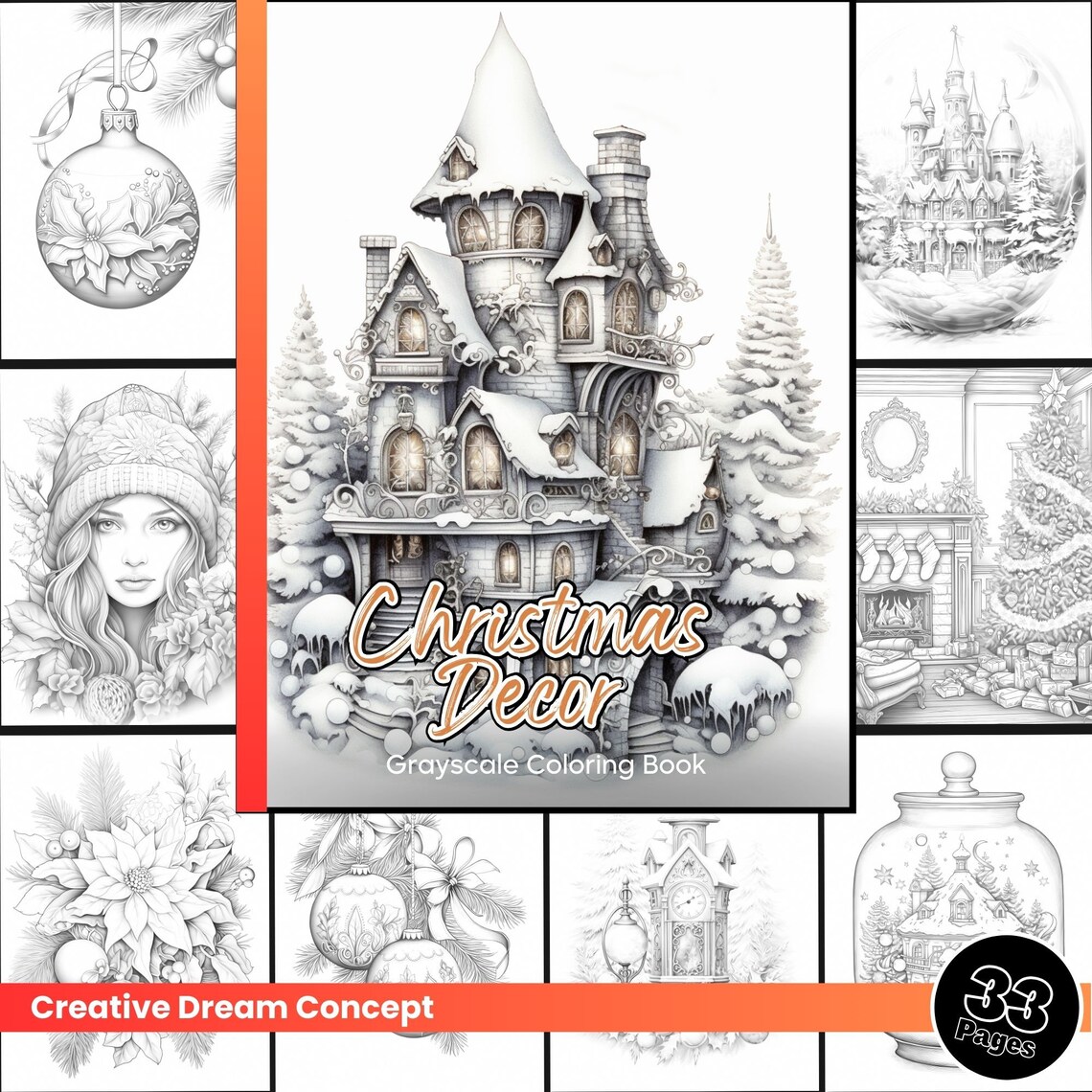 Christmas Decor Coloring Page for Adults Xmas Coloring Book for Kids ...