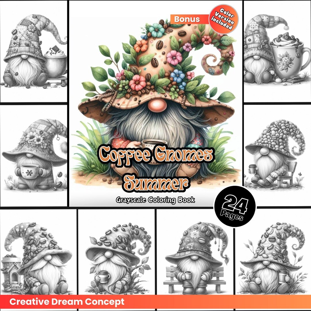 Coffee Gnomes Summer Coloring Page for Adults Cute Elfs Coloring Book ...