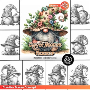 Coffee Gnomes Summer Coloring Page for Adults Cute Elfs Coloring Book ...