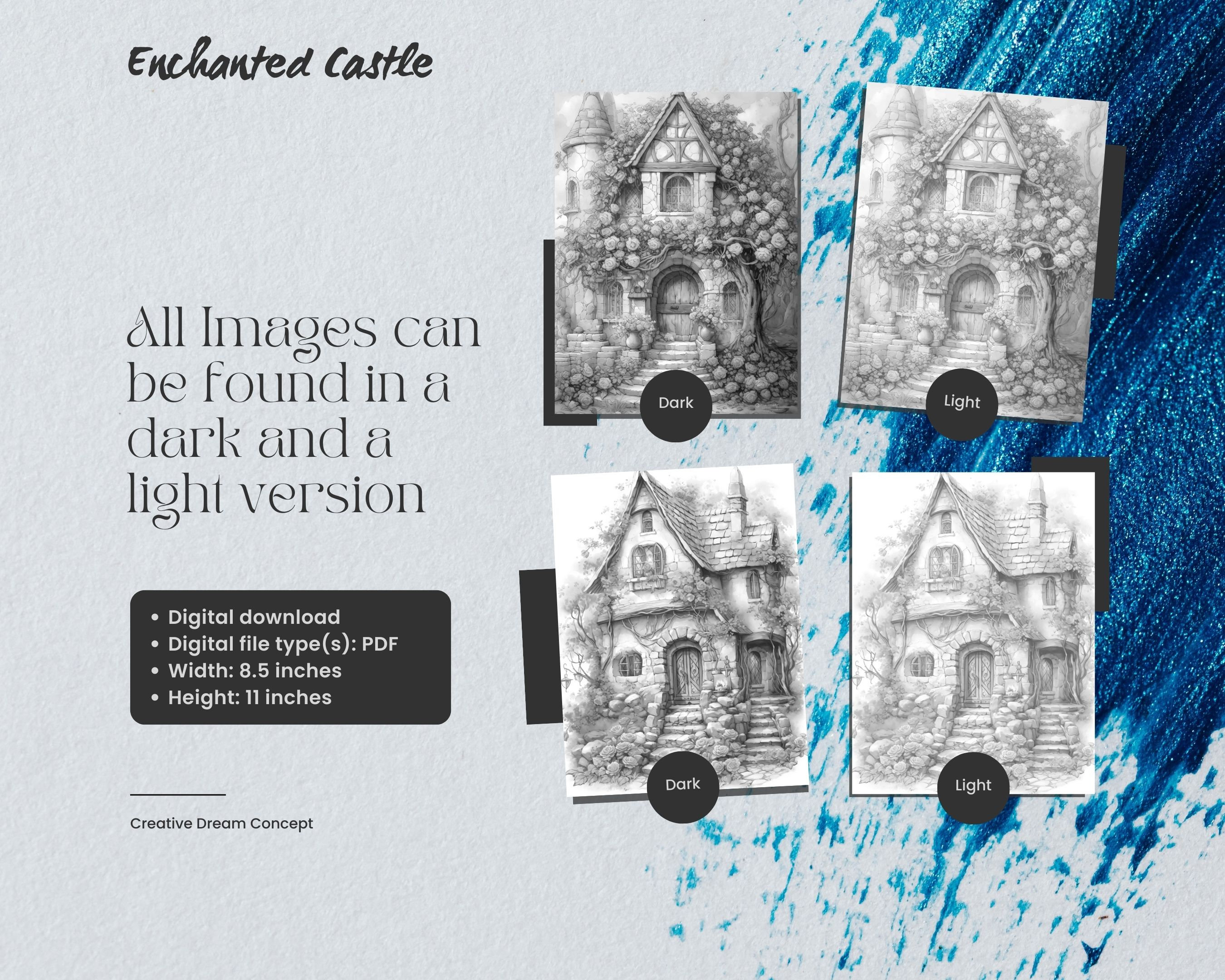 Enchanted Castle Coloring Pages for Adults Fort Flower House Grayscale ...