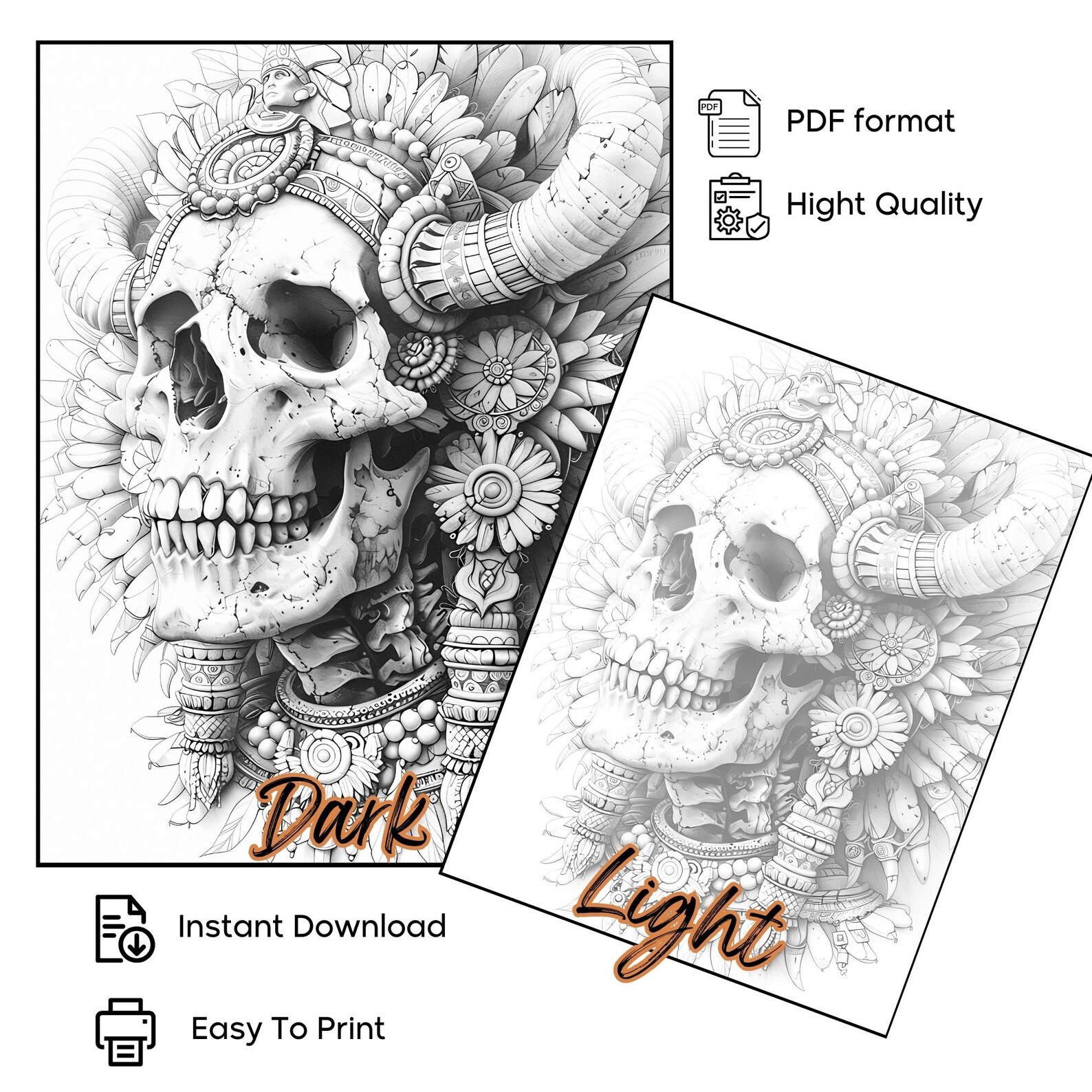 Skulls & Bones Coloring Book for Adults Grayscale Fantasy Flower Gothic ...