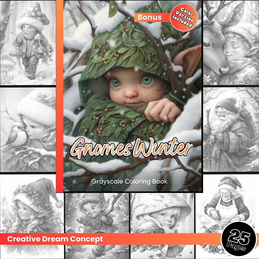 Gnomes Winter Coloring Page for Adults Cute Elfs Xmas Coloring Book ...