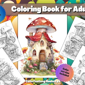 Enchanted Fairy Mushroom Houses Coloring Book for Adults Kids Coloring ...