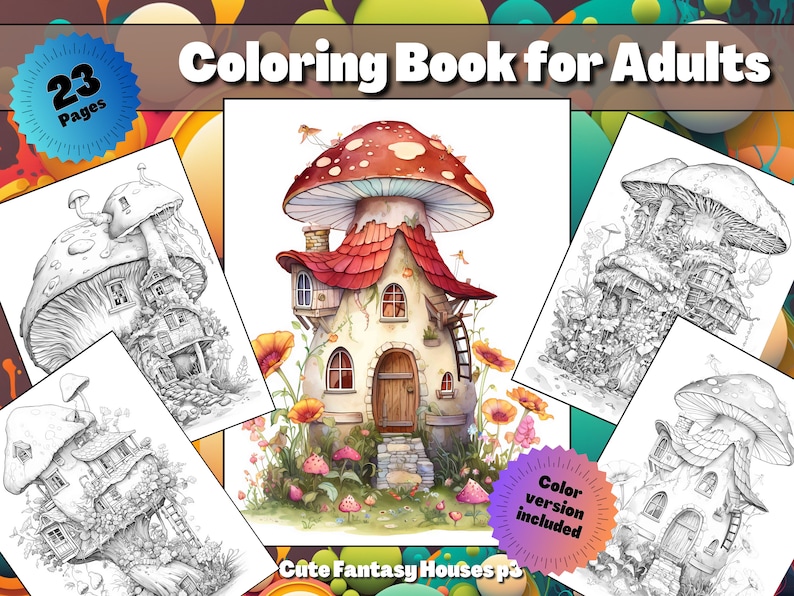 Enchanted Fairy Mushroom Houses Coloring Book for Adults Kids Coloring ...