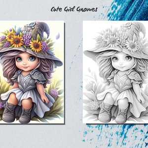 Cute Girl Gnomes Coloring Pages for Adults Grayscale Coloring Book ...
