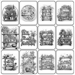 Romantic Plant Shelf Coloring Page for Adults Autumn Flower Coloring ...