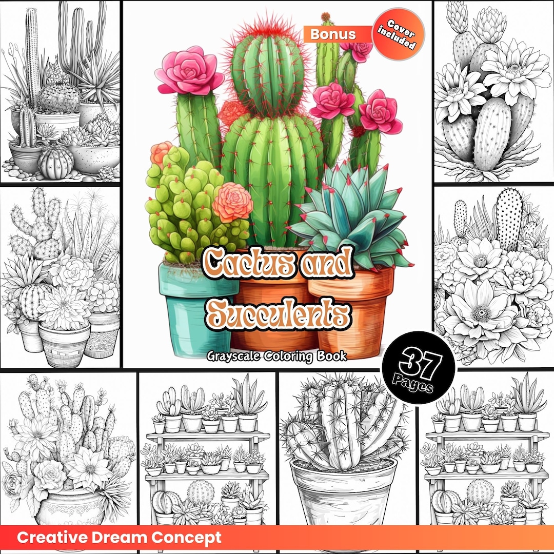 Cactus and Succulents Coloring Page for Adults Cute Coloring Book for ...