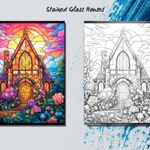 Stained Glass Houses Coloring Page for Adults and Kids Instant Download ...