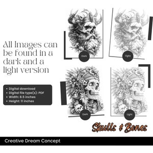 Skulls & Bones Coloring Book for Adults Grayscale Fantasy Flower Gothic ...