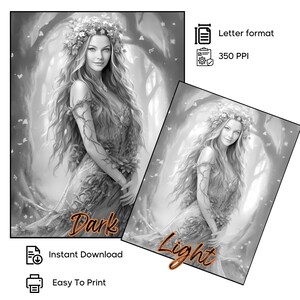 Wood Nymphs Coloring Page for Adults and for Kids Cute Girls Grayscale ...