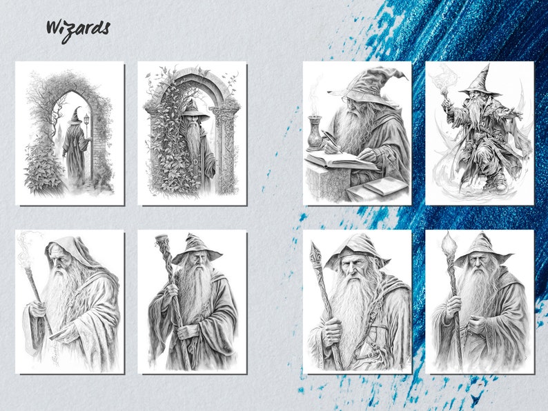 Wizard Coloring Pages for Adults Wizards Grayscale Coloring - Etsy