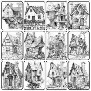 Stone Houses Coloring Page for Adults Fantasy Homes Coloring Book ...