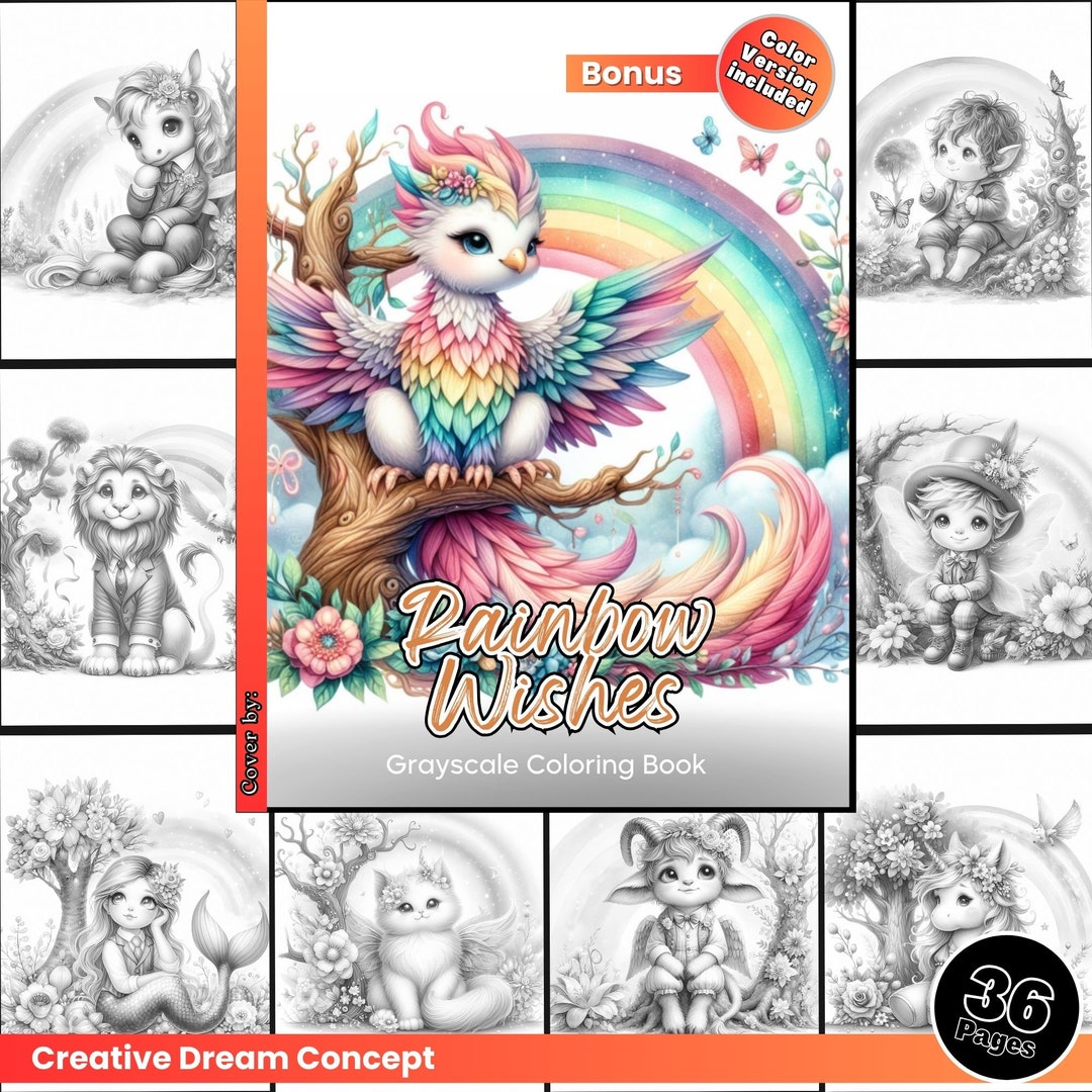Rainbow Wishes Coloring Page for Adults Cute Fantasy Creatures Coloring ...
