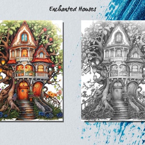 Enchanted Houses Coloring Page for Adults and Kids Cute Tree Houses ...
