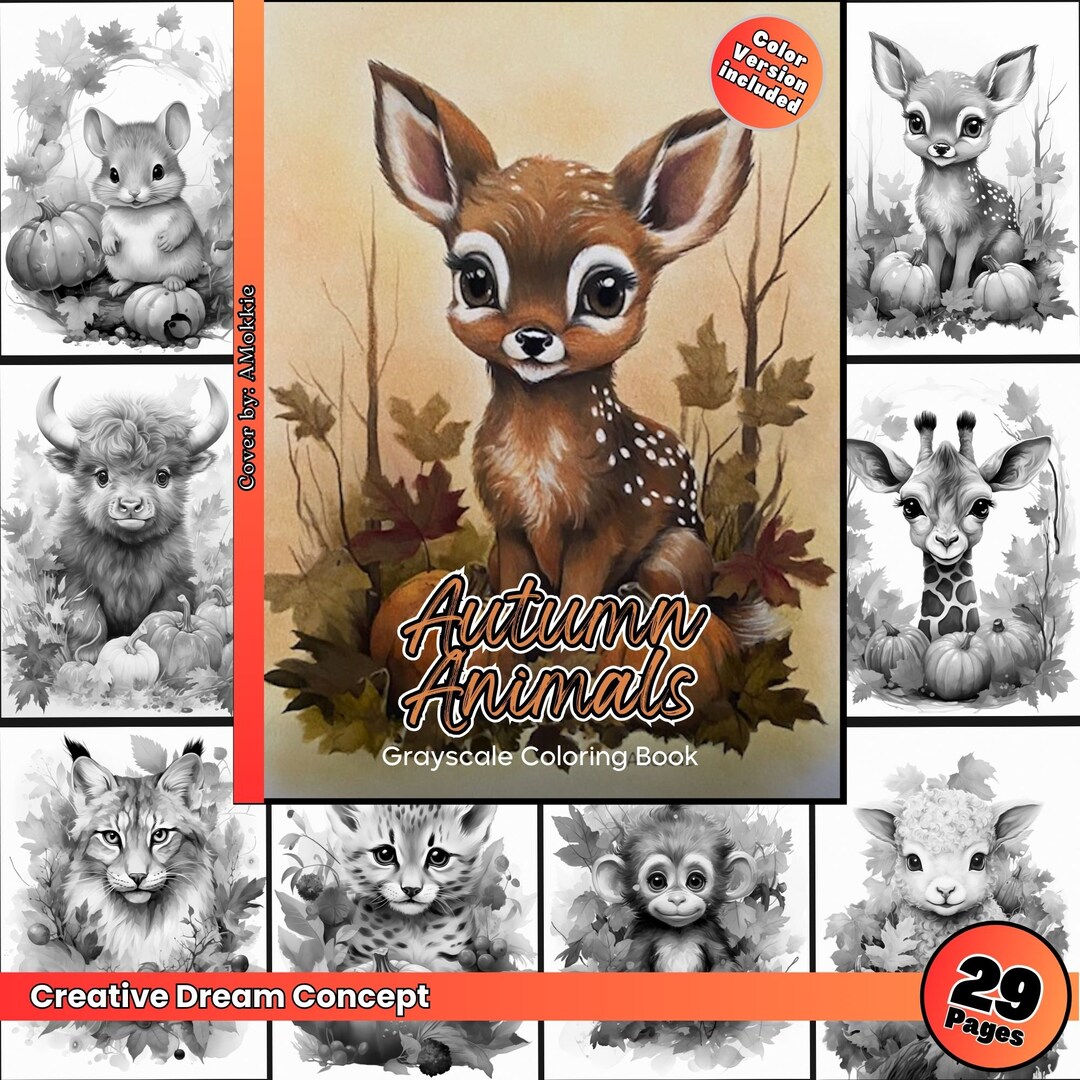Autumn Animals Coloring Page for Adults Cute Farm Animals Coloring Book ...