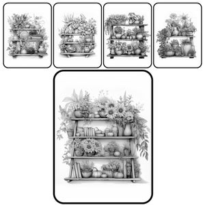 Romantic Plant Shelf Coloring Page for Adults Autumn Flower Coloring ...