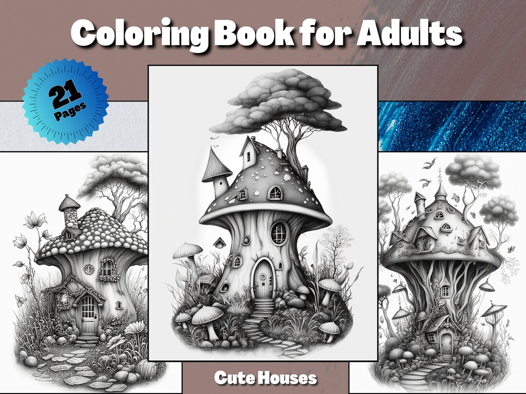 Fairy Mushroom Houses Coloring Page for Adults Grayscale Coloring Book ...