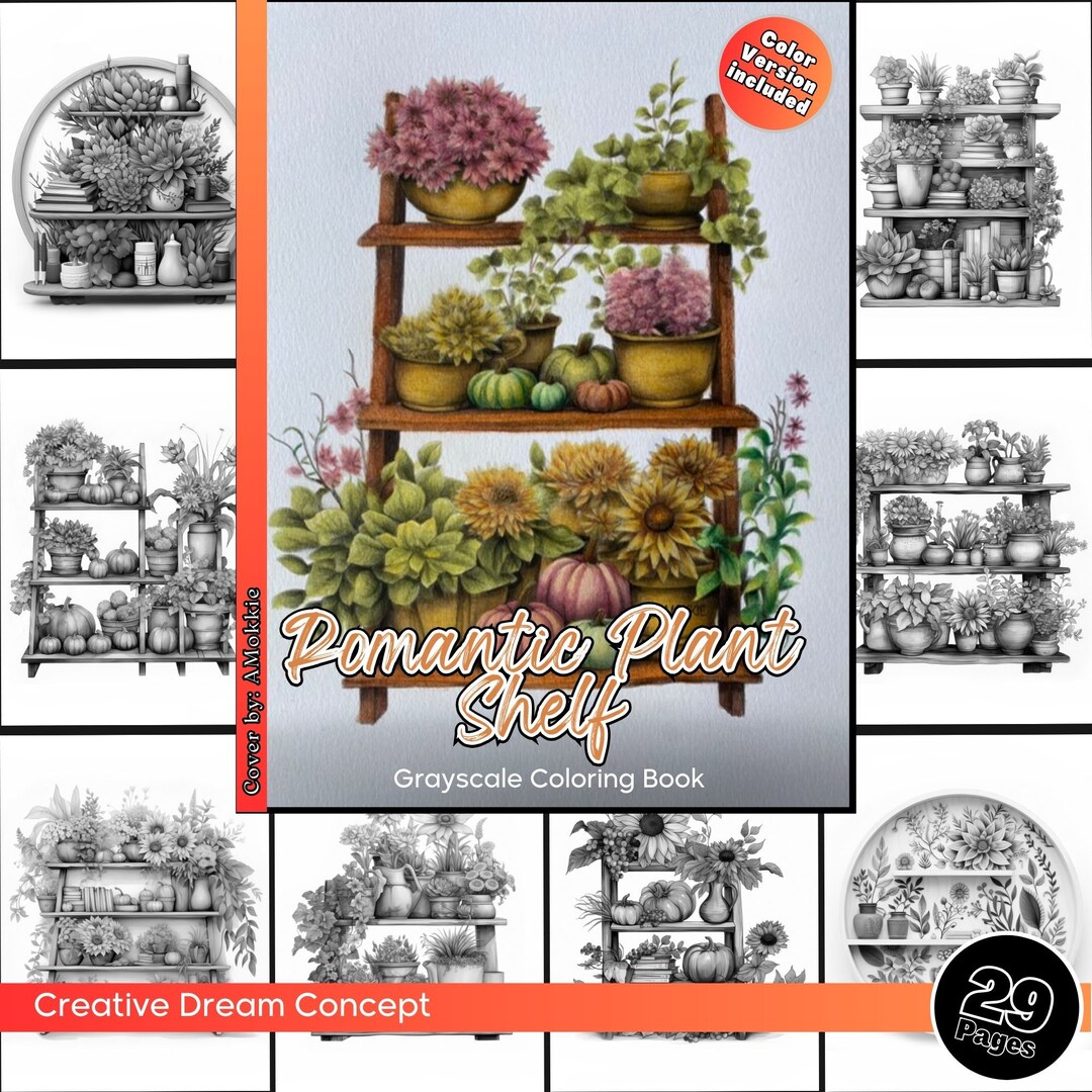 Romantic Plant Shelf Coloring Page for Adults Autumn Flower Coloring ...