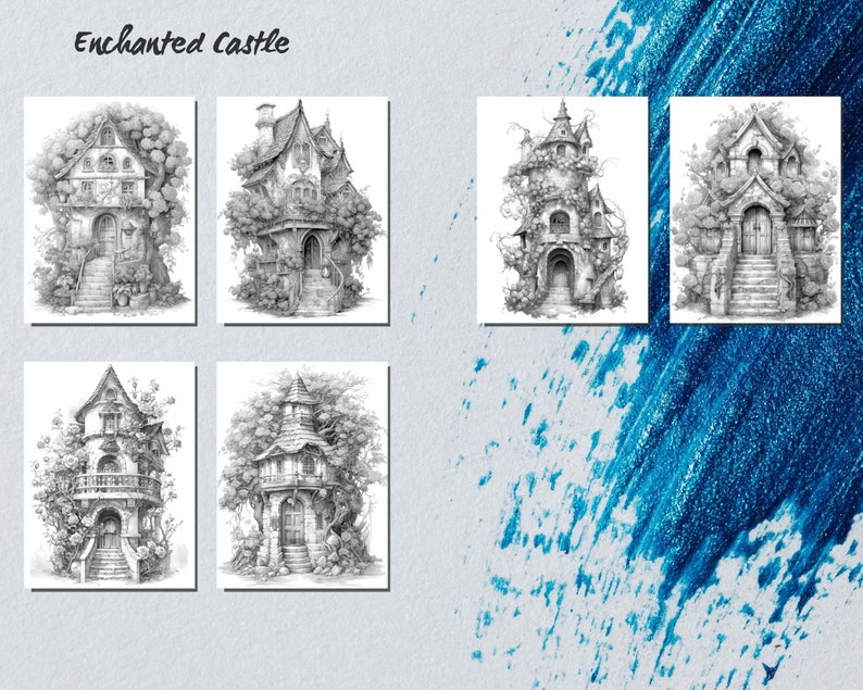 Enchanted Castle Coloring Pages for Adults Fort Flower House Grayscale ...