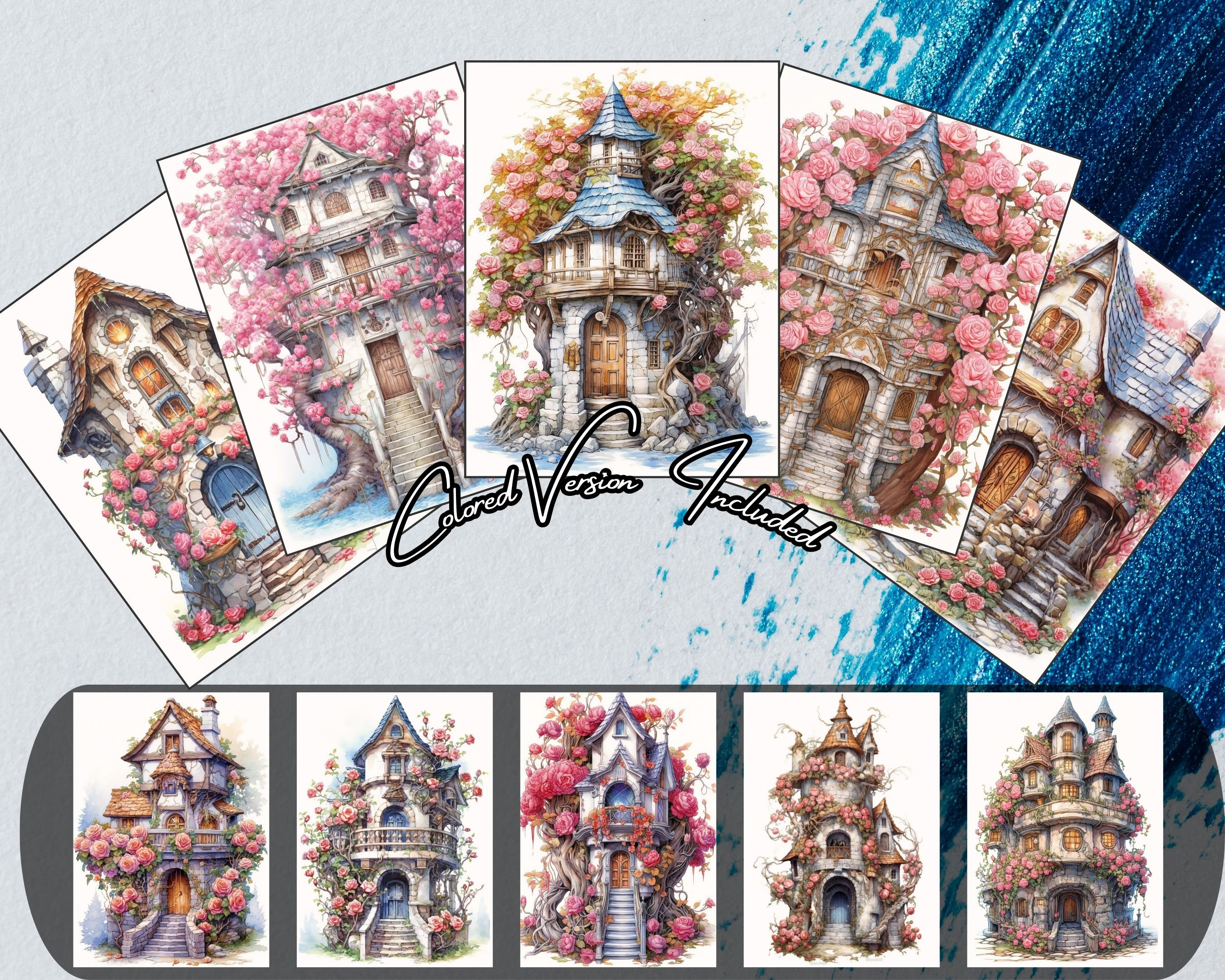 Enchanted Castle Coloring Pages for Adults Fort Flower House Grayscale ...